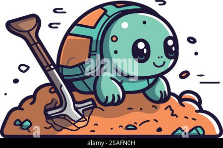 Cute cartoon turtle digging a hole. Vector illustration isolated on ...