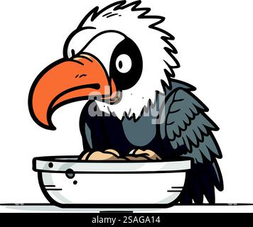 Vector illustration of a vulture eating food from a bucket. Cartoon ...
