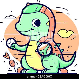 Cute cartoon dinosaur character with magnifying glass. Vector ...