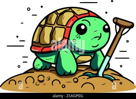 Cartoon turtle with a shovel in the sand. Vector illustration Stock ...