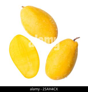 Two ripe yellow mangoes and half with green leaves and water droplets ...