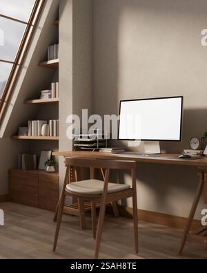 Armchair at desktop with modern computer placed near tables in spacious ...