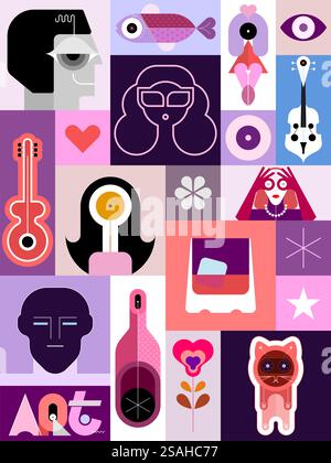 A collage of different vector design elements and people avatars, each ...