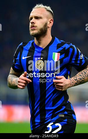 MILAN, ITALY - JANUARY 29: Federico Dimarco in action during the UEFA Champions League 2024/25 ...