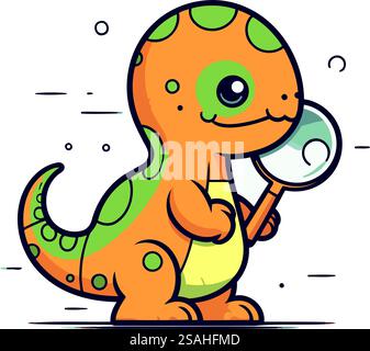 Cute cartoon dinosaur character with magnifying glass. Vector ...