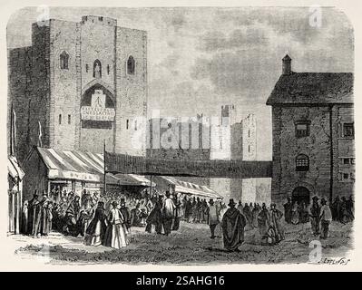 An 1800s engraving of Caernarfon, a town in Gwynedd, north-west Wales ...