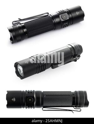 Black Rechargeable Flashlight handheld, LED close-up on a black ...