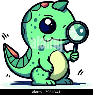 Cute dinosaur with magnifying glass. Vector illustration in cartoon ...