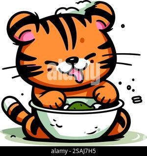 Cute tiger with a bowl of food. cartoon vector illustration Stock ...