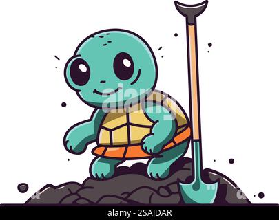 Turtle with shovel. Cute cartoon character. Vector illustration Stock ...