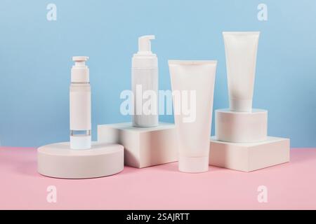 White plastic tubes without label displayed on podium. Scene for ...