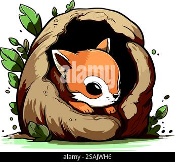 Cute fox sleeping in a burrow. Vector cartoon illustration Stock Vector ...