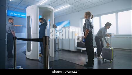 Airport Security Check: Diverse Passengers Passing Through Metal ...