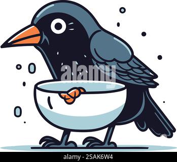 Cute black crow eating from a bowl of cereals. Vector illustration ...