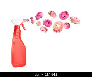 Spring cleaning. Beautiful flowers flying out of spray bottle with ...