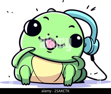 Frog listening to music with headphones. Cute cartoon vector ...