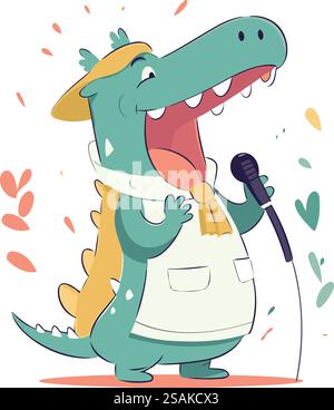 Cute cartoon crocodile character singing a song. Vector illustration ...