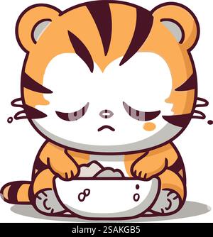 Cute cartoon tiger with a bowl of food. Vector illustration Stock ...