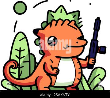 Vector illustration of a cute dinosaur with a gun in his hand Stock ...