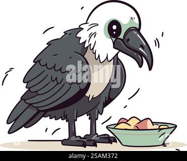 Cute crow eating food from bowl. Vector cartoon character illustration ...