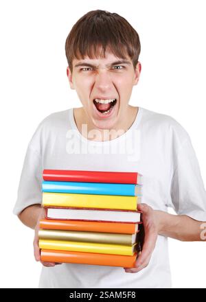 Angry student with books isolated on white Stock Photo - Alamy