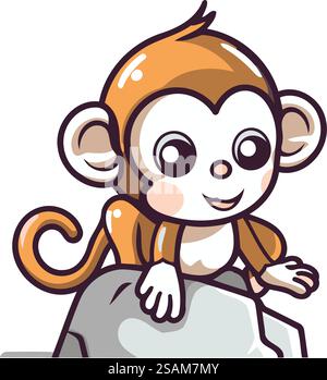 Cute monkey sitting on a rock in the jungle. Vector illustration Stock ...