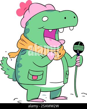 Cute crocodile singing karaoke. Vector cartoon illustration Stock ...