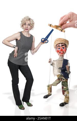 Photo of woman with handmade doll on grey Stock Photo - Alamy
