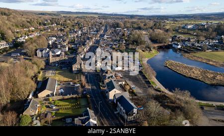 Aerial drone view of Callander town centre and the River Teith, The ...
