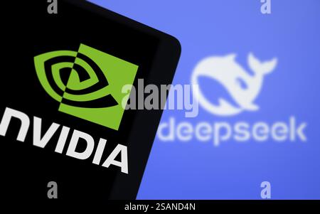 Nvidia logo is displayed on iPad and deepseek AI logo in the background ...