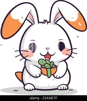 Happy Easter Rabbit with carrot. Cute white rabbits in paper cut style ...