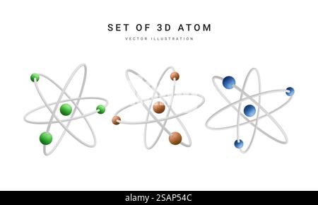 Set of 3d realistic atom with orbital electrons isolated on white ...