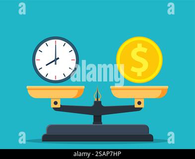 Time is money on scales icon. Flat people. Money and time balance on ...