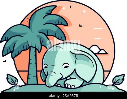 Cute cartoon elephant and palm trees. Safari vector illustration for ...
