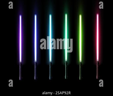 Realistic bright colorful laser beam. Light swords on isolated ...