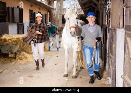 Older female stable keeper leading horse outdoors while Asian woman ...