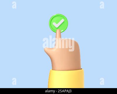 3D cartoon hand presses green button with check mark. Accepting, agree ...