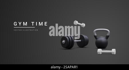 3d realistic banner with dumbbells and kettlebell isolated on black background. Vector ...