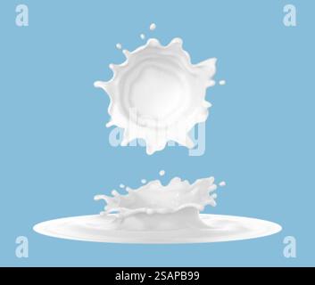 Cream or milk drops on blue background, scatter spherical white bubbles ...