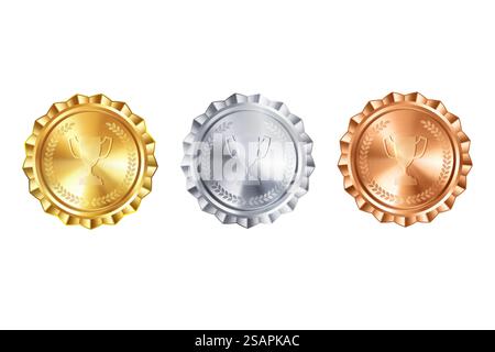 Gold, silver, and bronze cup shaped medals with engraved details ...