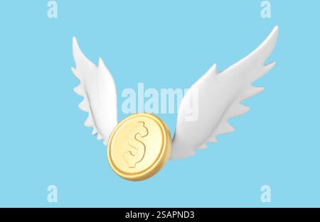 3D flying golden coin with wings isolated on blue background. Vector 3d ...