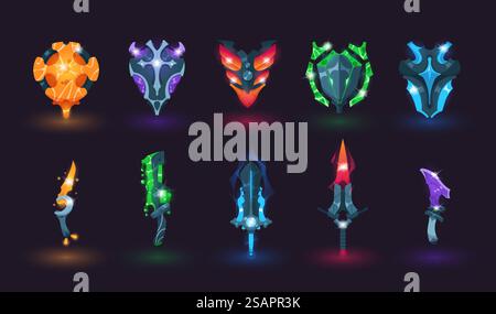 Glowing gaming swords. Magic fantasy shiny warrior weapon for game UI ...