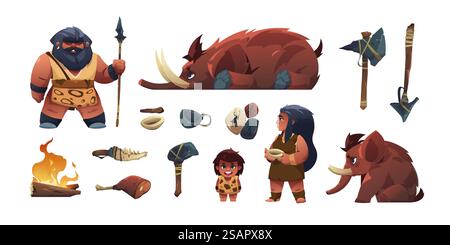 Primitive people. Ancient prehistoric hunters with weapons and tools ...