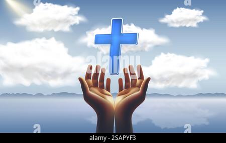 Religious card, hands on sunset background, Christian cross. Vector ...