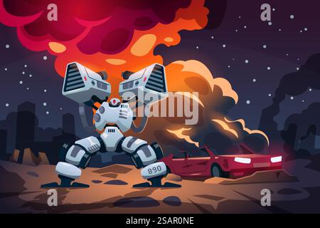 Battle robots. Cartoon war machines and futuristic soldier exoskeleton ...