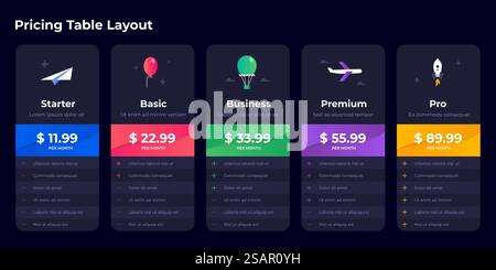Price chart. Tariffs comparison. Commercial service. Layout with ...