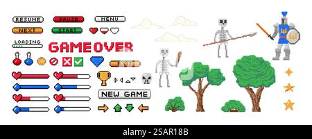 Pixel game menu buttons. Game 8 bit ui controller arrows, level and live bars, menu, stop, play ...