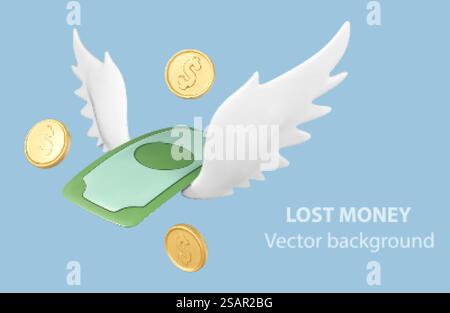 3D dollar bill with white wings and gold coins on blue background ...