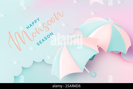 Cute umbrella for monsoon season with pastel color scheme and paper art ...