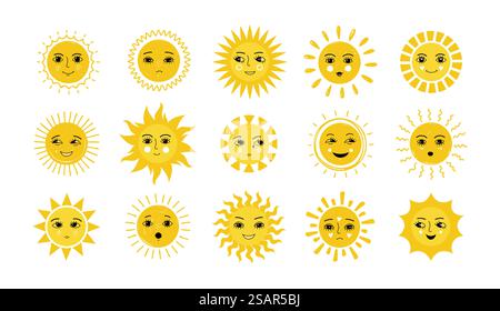 Happy cartoon sun. Hand drawn cute smiling suns, sunny happy characters ...